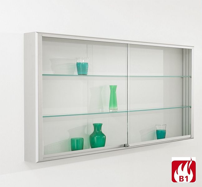 BST Flache Wandvitrine BRANDSCHUTZ (B1) Schiebetüren 2 Böden ESG ...